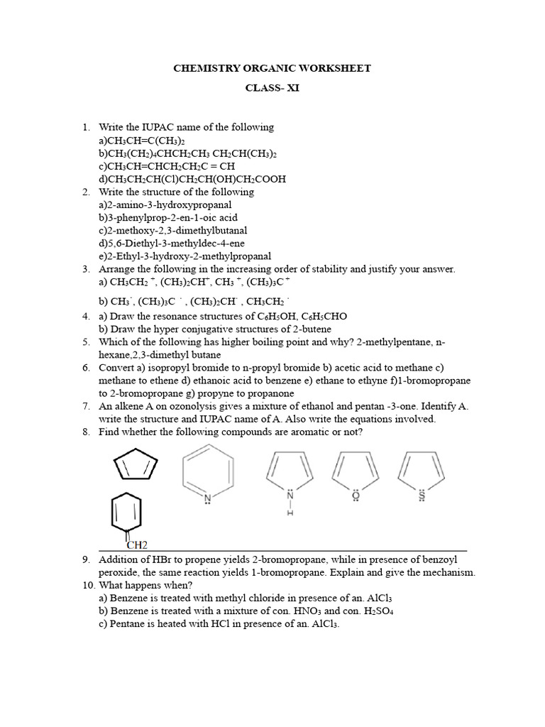 Organic Chemistry Worksheet for Class XI | PDF