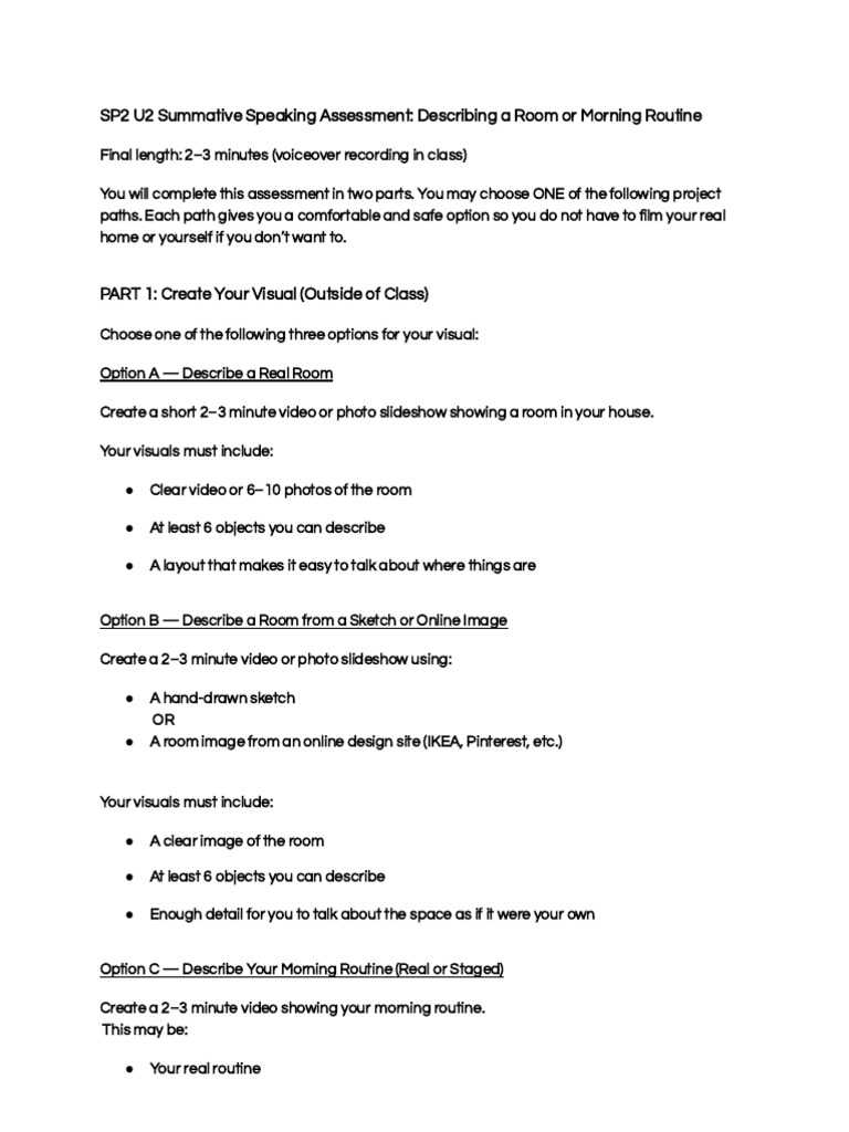 SP2 U2 Summative Presentational Speaking Assessment Describing A Room ...