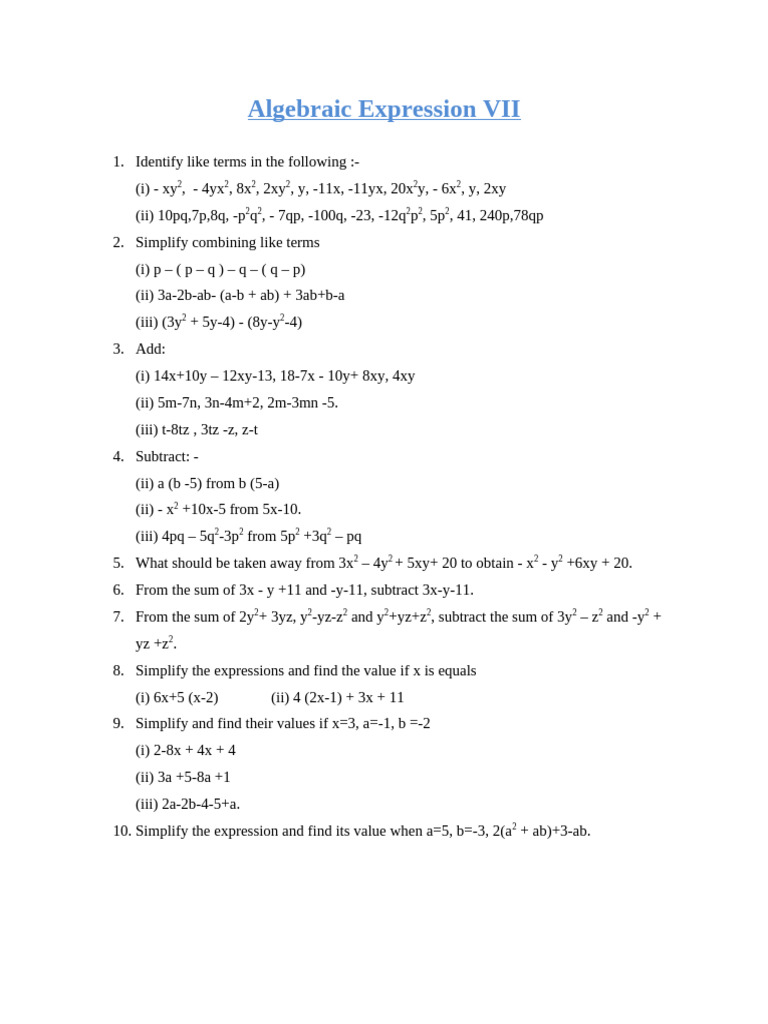 Algebraic Expression VII (1) | PDF