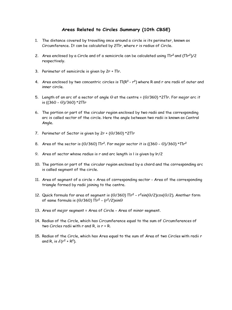 Areas Related to Circles Summary | PDF