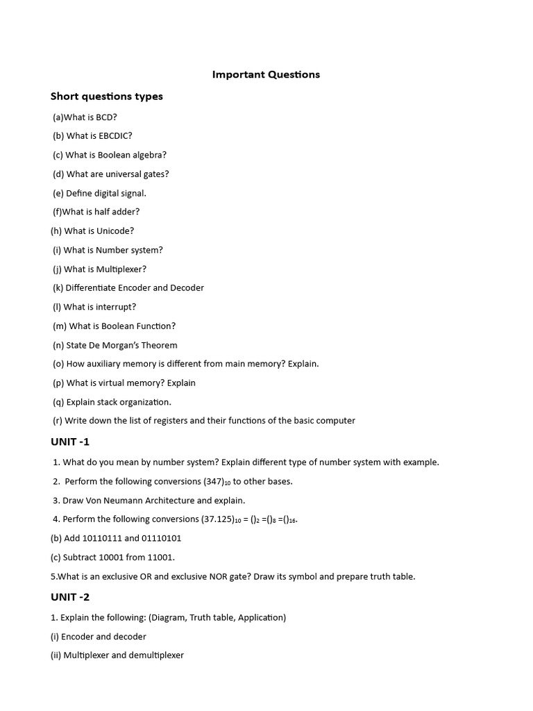 IMP QUES - COA 1 | PDF | Boolean Algebra | Teaching Mathematics