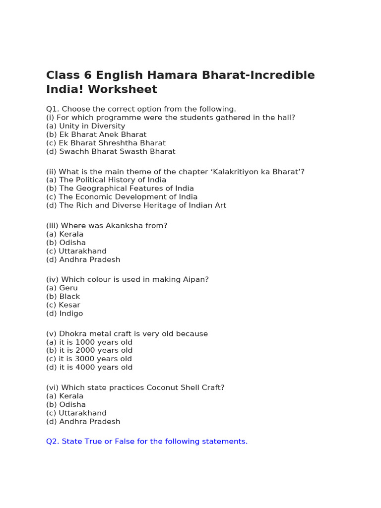Class 6 English Worksheet: Incredible India | PDF