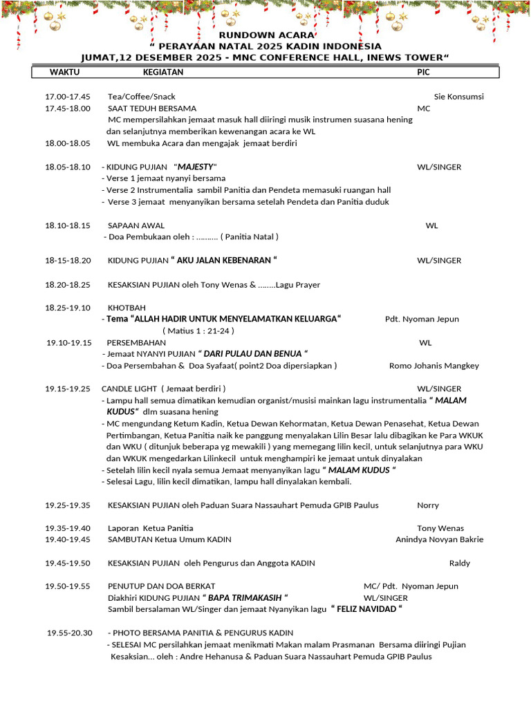 Rundown Perayaan Natal KADIN 2025 | PDF