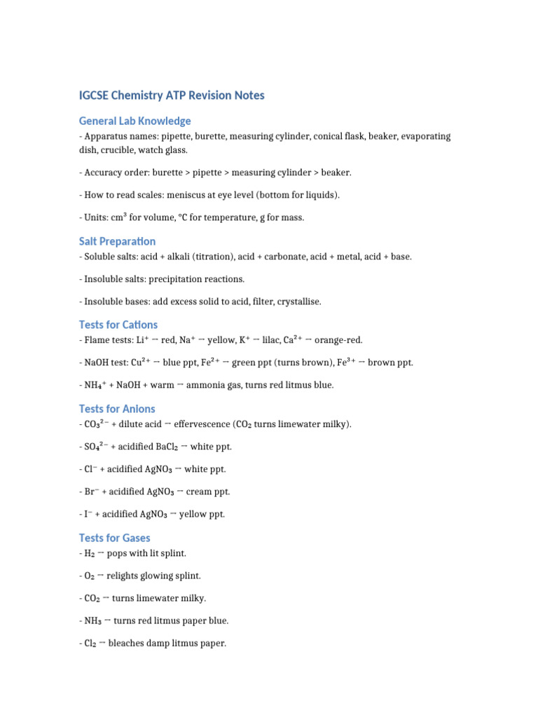 IGCSE Chemistry ATP Revision | PDF