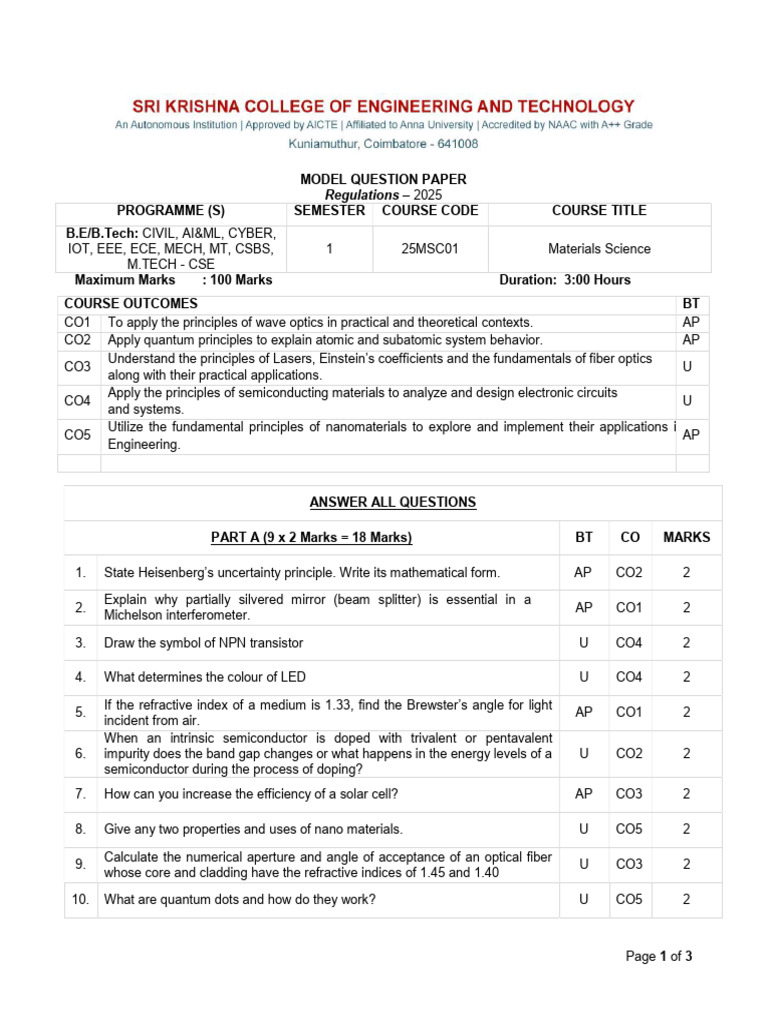 2025 Model Question Paper: Materials Science | PDF | Diffraction | Optics