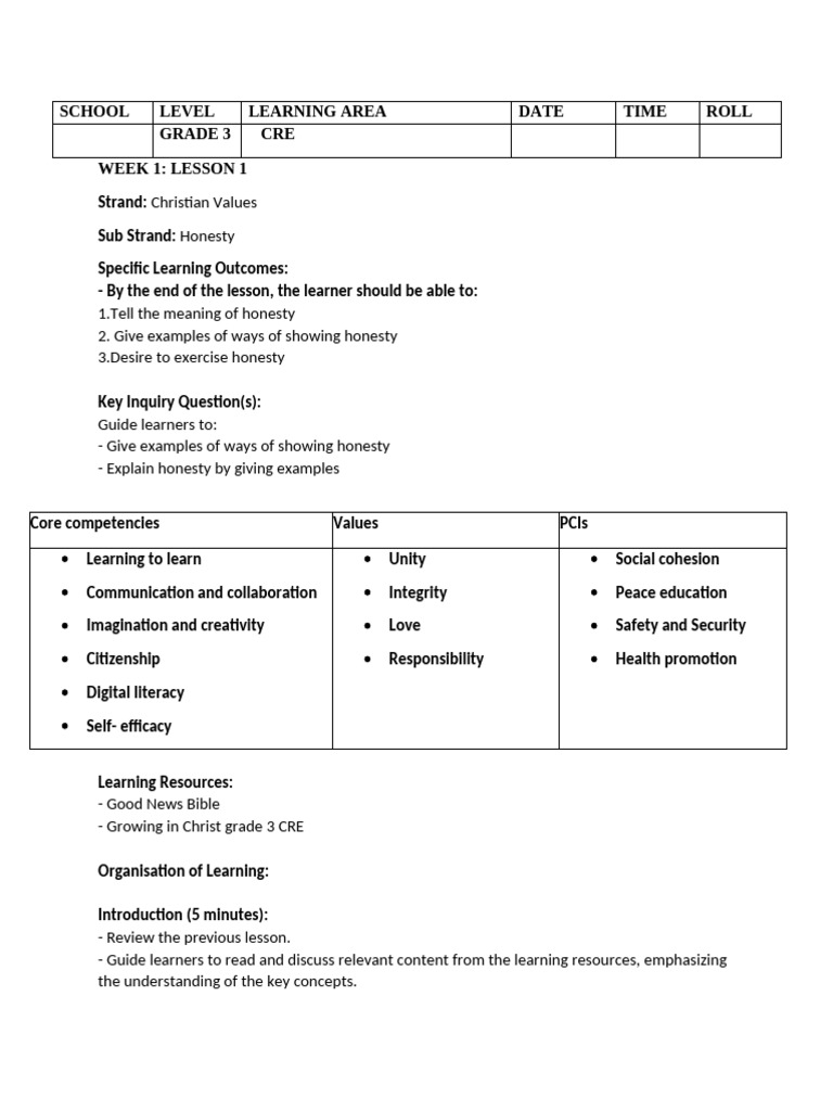 Grade 3 CRE Lessons on Honesty | PDF | Learning | Prayer