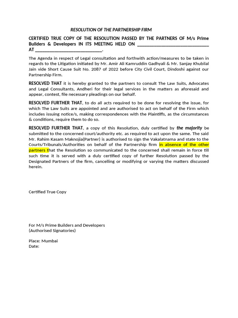 Resolution of the Partnership Firm | PDF
