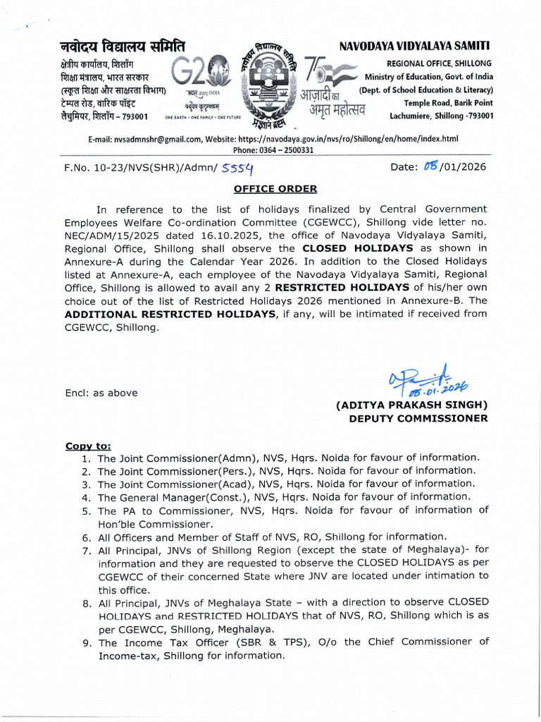 List of Closed Holidays and Restricted Holidays For The Year 2026 | PDF