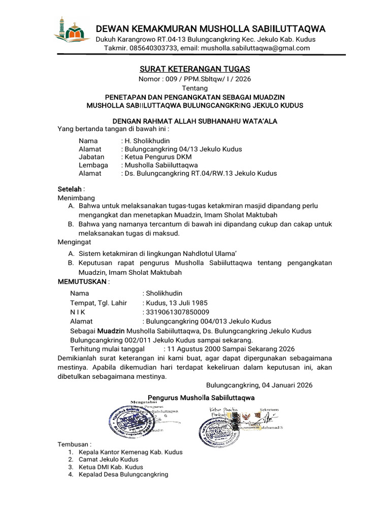 Penetapan Muadzin Musholla Sabiiluttaqwa | PDF