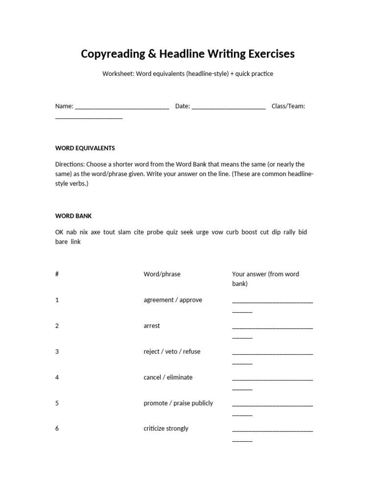 Copyreading Headline Word Equivalents Worksheet | PDF