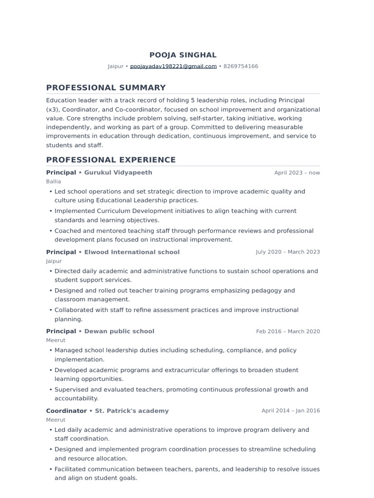 Pooja Singhal Enhanced Cv 2025-12-30 | PDF | Teachers | Curriculum