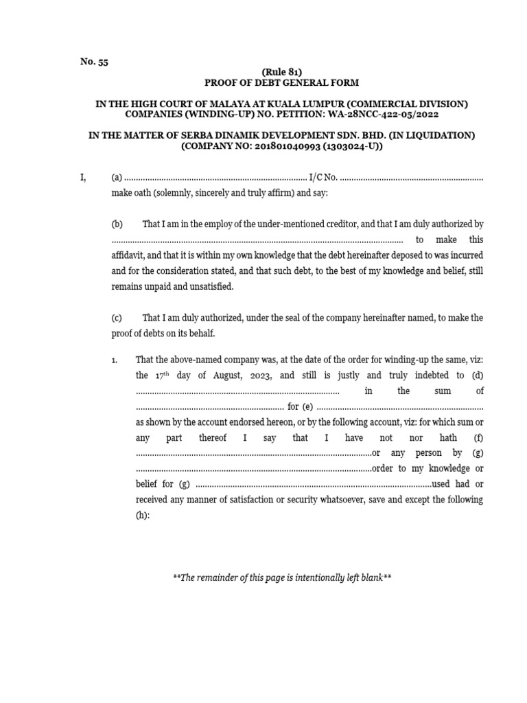 Proof of Debt Form for Liquidation | PDF | Business Law | Private Law