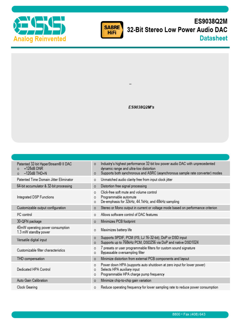 ES9038Q2M 32-Bit Audio DAC Datasheet | PDF | Digital To Analog ...
