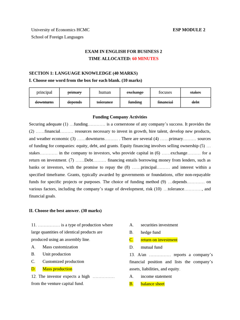 Esp2 - English for Business - Full Sample Test | PDF | Venture Capital ...