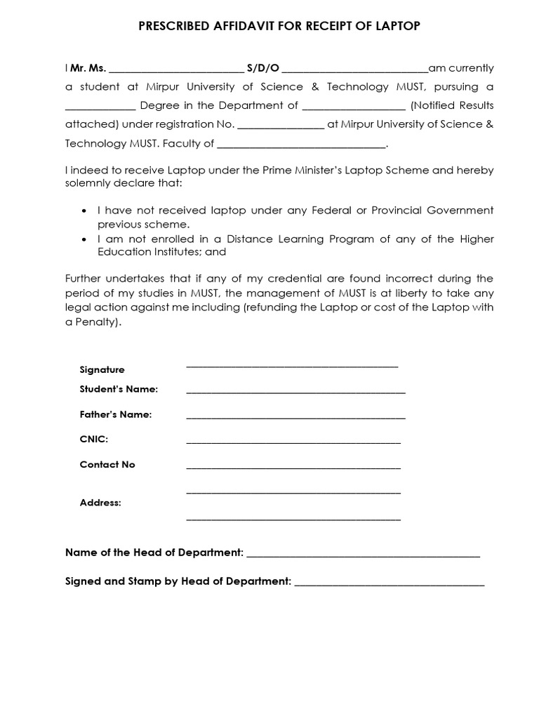 Laptop Receipt Affidavit for Students | PDF