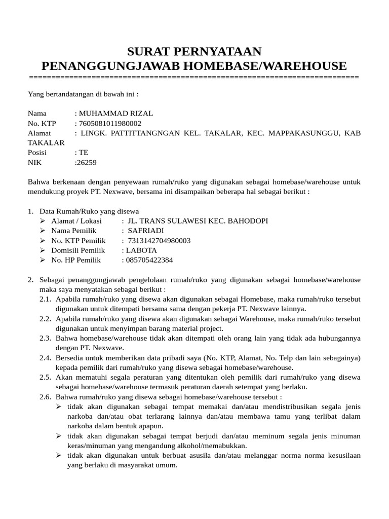 Surat Pernyataan Penanggungjawab Homebase Warehouse (BAHODOPI 2) 2026 | PDF