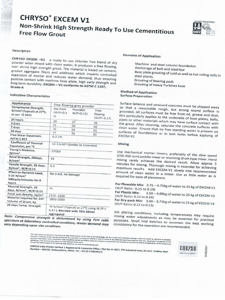 Chryso Excem v1 Non Shriankage Grout | PDF