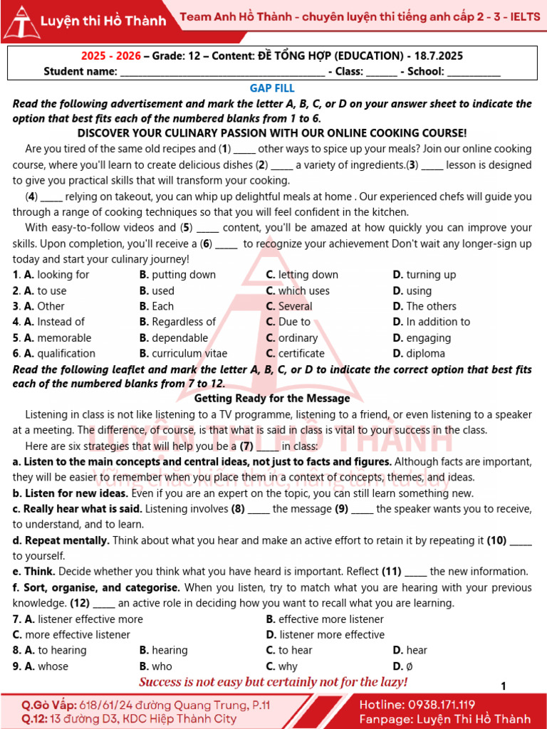 Grade 12 English Exam Practice Guide | PDF | Vocabulary | Learning
