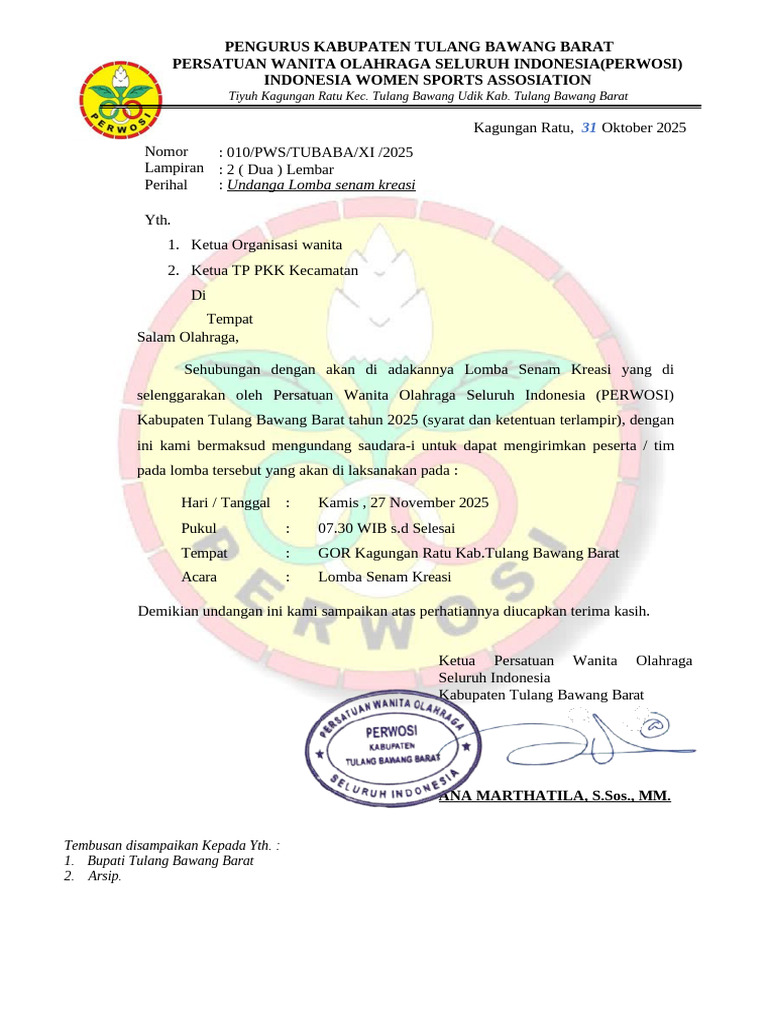 Undangan Dan Juknis Lomba Senam Kreasi PERWOSI Tubaba 2025 Fix | PDF