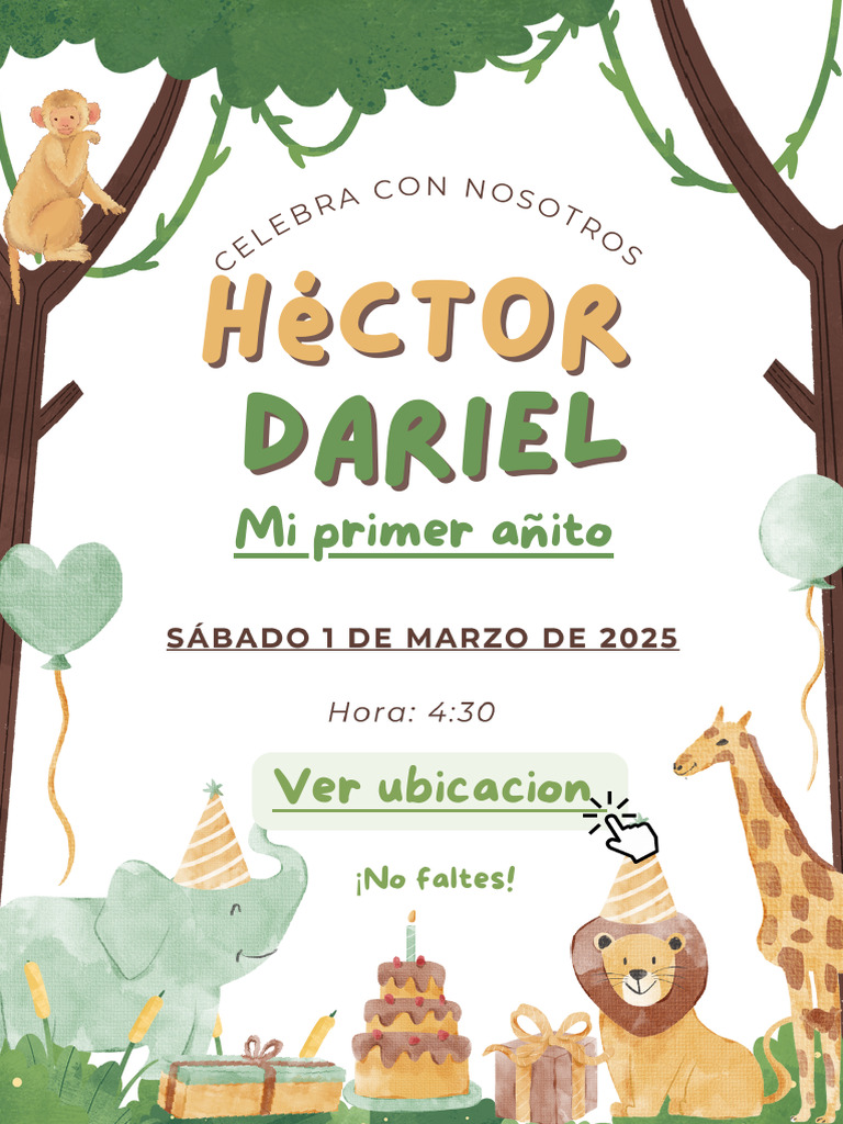 Green Cream Animal Safari Watercolor Birthday Party Invitation Card ...