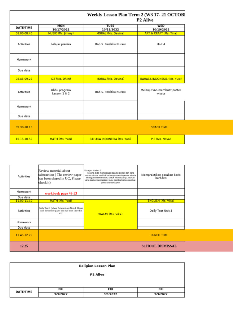 Weekly Lesson Plans for P2 Alive | PDF | Schools