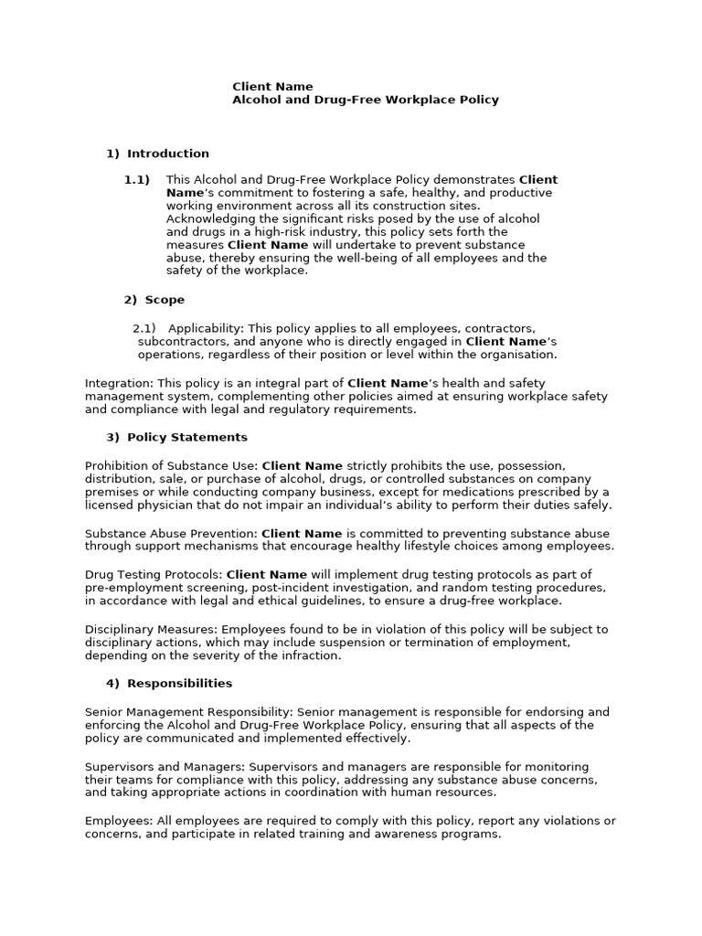 Alcohol and Drug Free Workplace Policy Construction | PDF | Policy ...