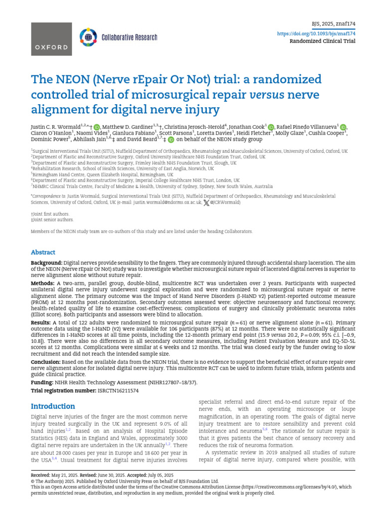 The NEON (Nerve Repair or Not) Trial | PDF | Surgery | Randomized ...