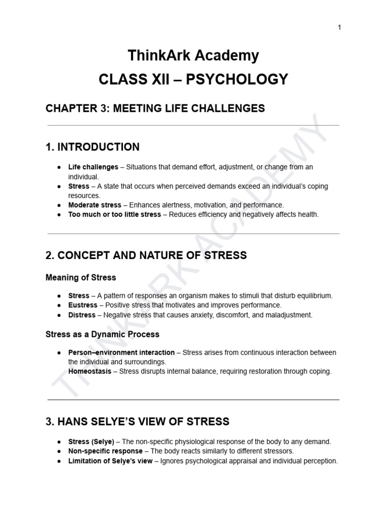 Psychology Class XII Chap 3 Notes | PDF | Stress (Biology ...
