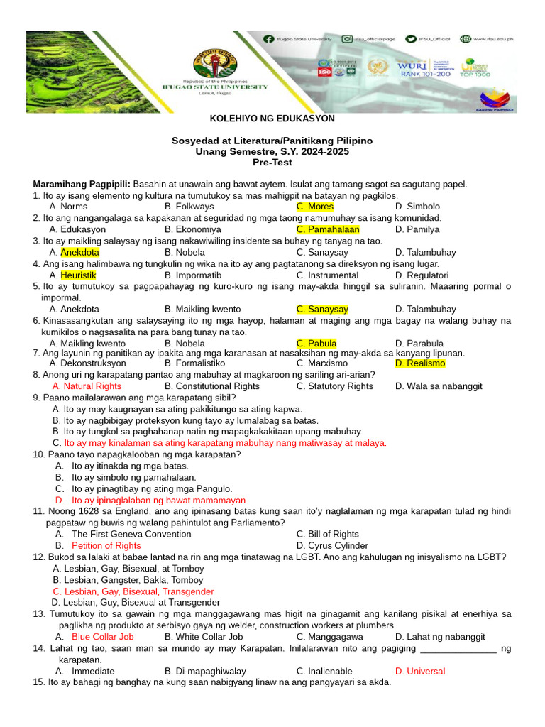 PRE TEST Answer Key | PDF
