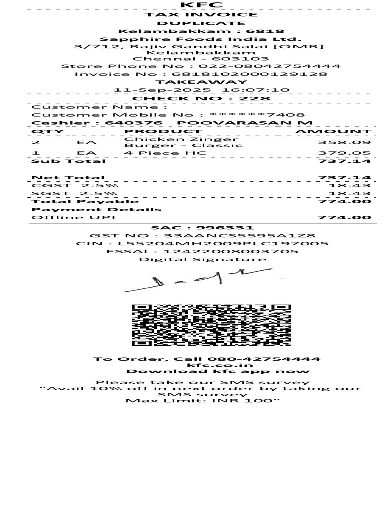 KFC Duplicate Tax Invoice - Kelambakkam | PDF