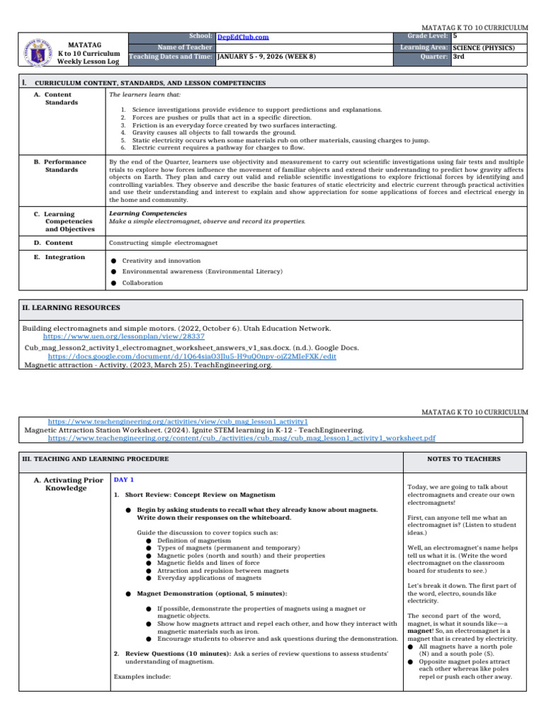 Dll Matatag _science 5 q3 w8 | PDF | Atoms | Magnet