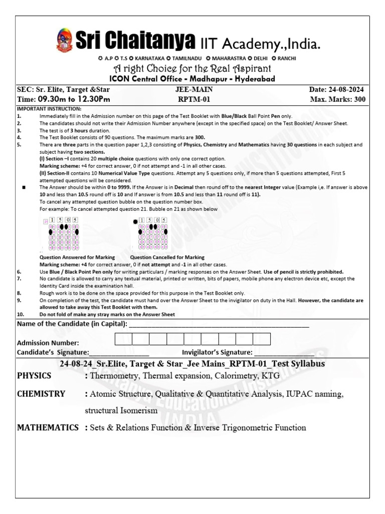 24-08-24 Sr.elite,Target,Star Jee Mains RPTM-01 Q,Paper | PDF | Atomic ...