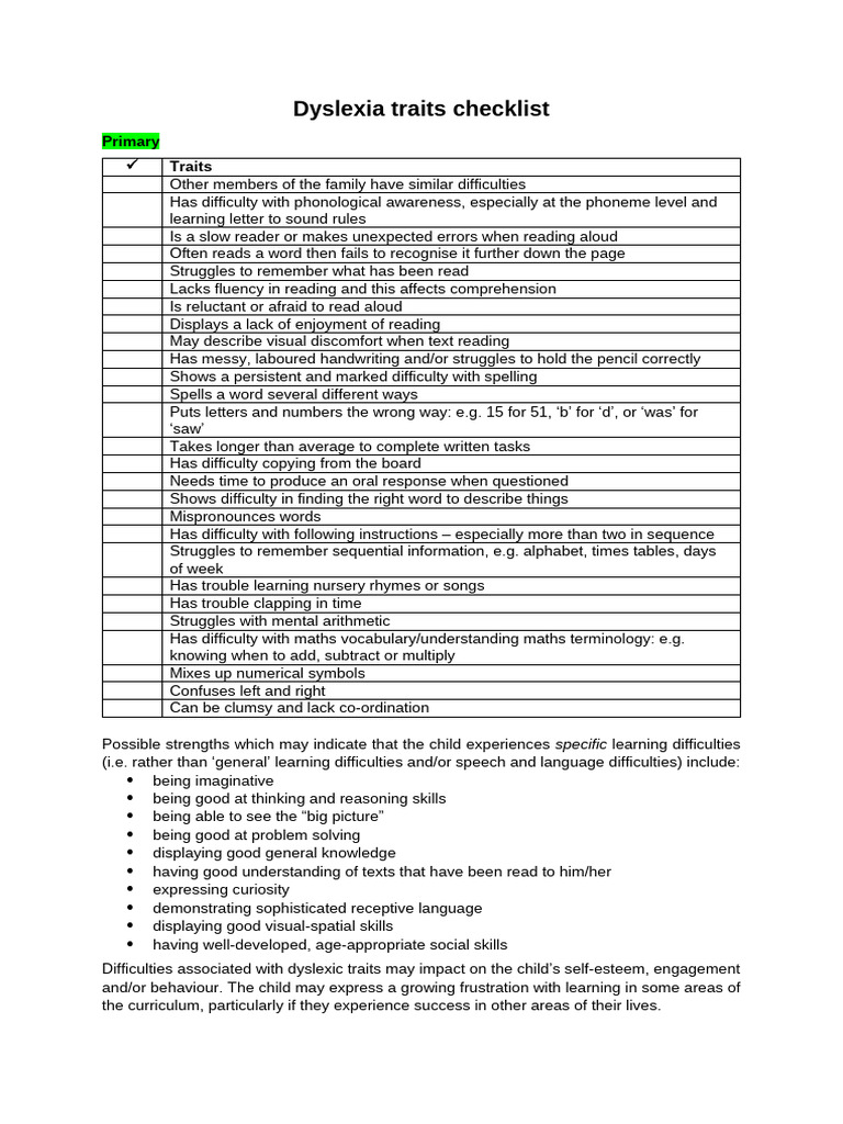 Dyslexia Traits Checklist | PDF | Dyslexia | Learning Disability