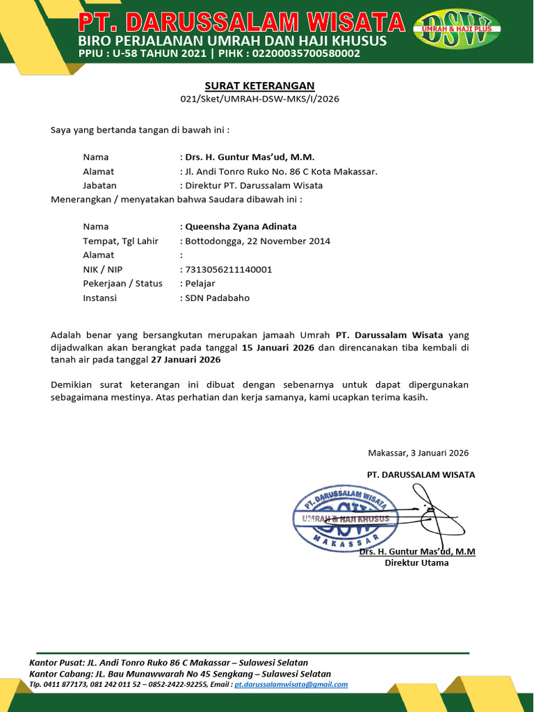 Surat Keterangan Jamaah Umrah 2026 | PDF