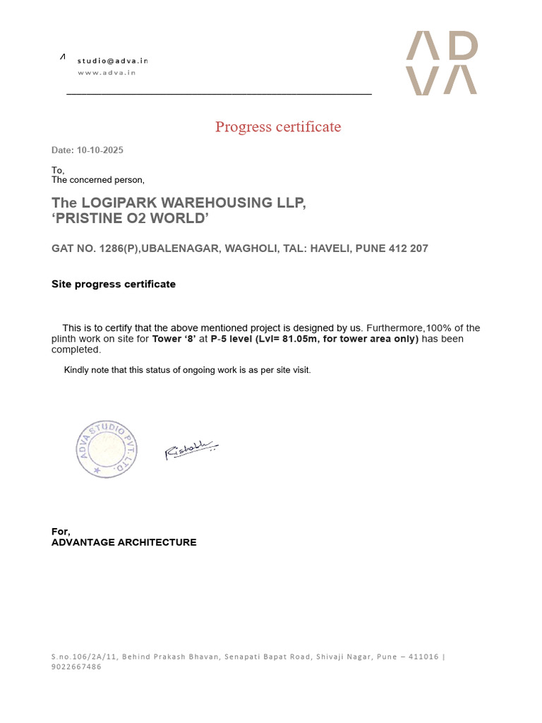 251010_ Pristine O2 World_Site Progress Certificate - T8 (1) (5) | PDF