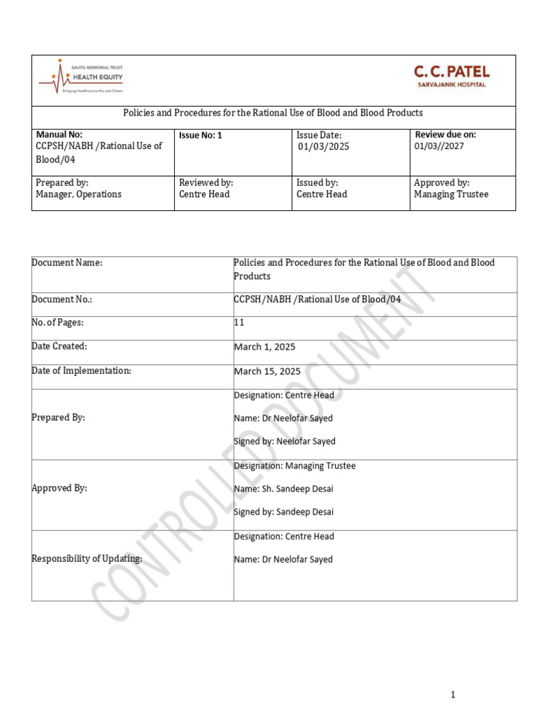 4 SOP_Rational Use of Blood & Blood Products | PDF | Blood Transfusion ...