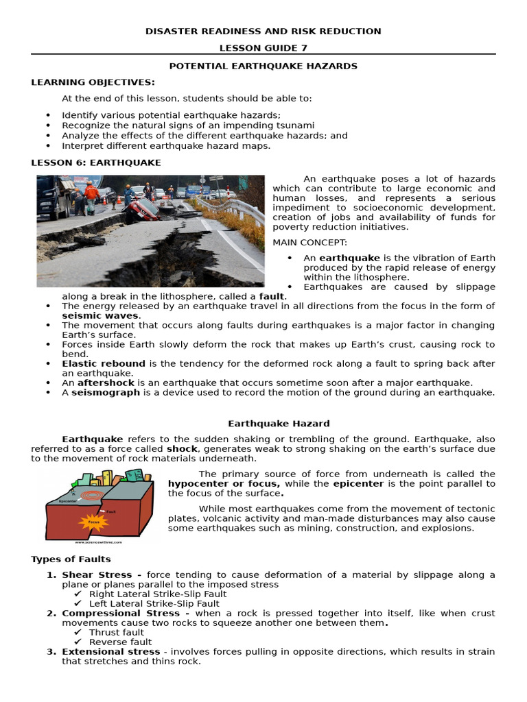 DRRR LG7 Potential Earthquake Hazards | PDF | Earthquakes | Fault (Geology)