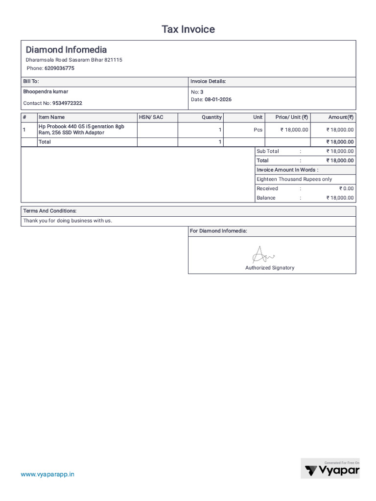 Tax Invoice for Hp Probook 440 G5 | PDF