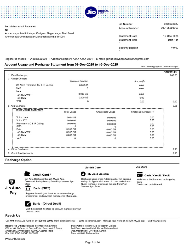 Jio Account Statement Summary 2025 | PDF