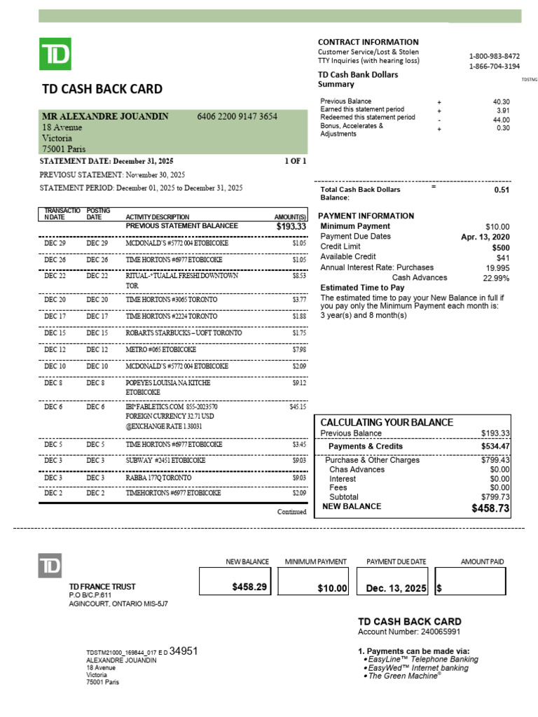 TD Cash Back Card Statement Summary | PDF | Credit Card | Payments