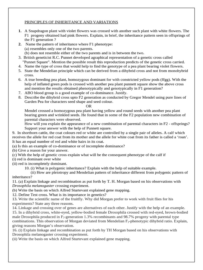 Principles of Inheritance and Variations Test | PDF | Dominance ...
