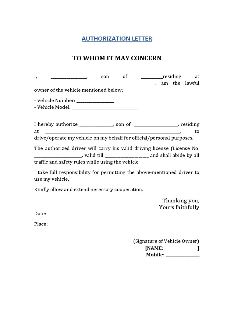 Vehicle Authorization Letter Template | PDF