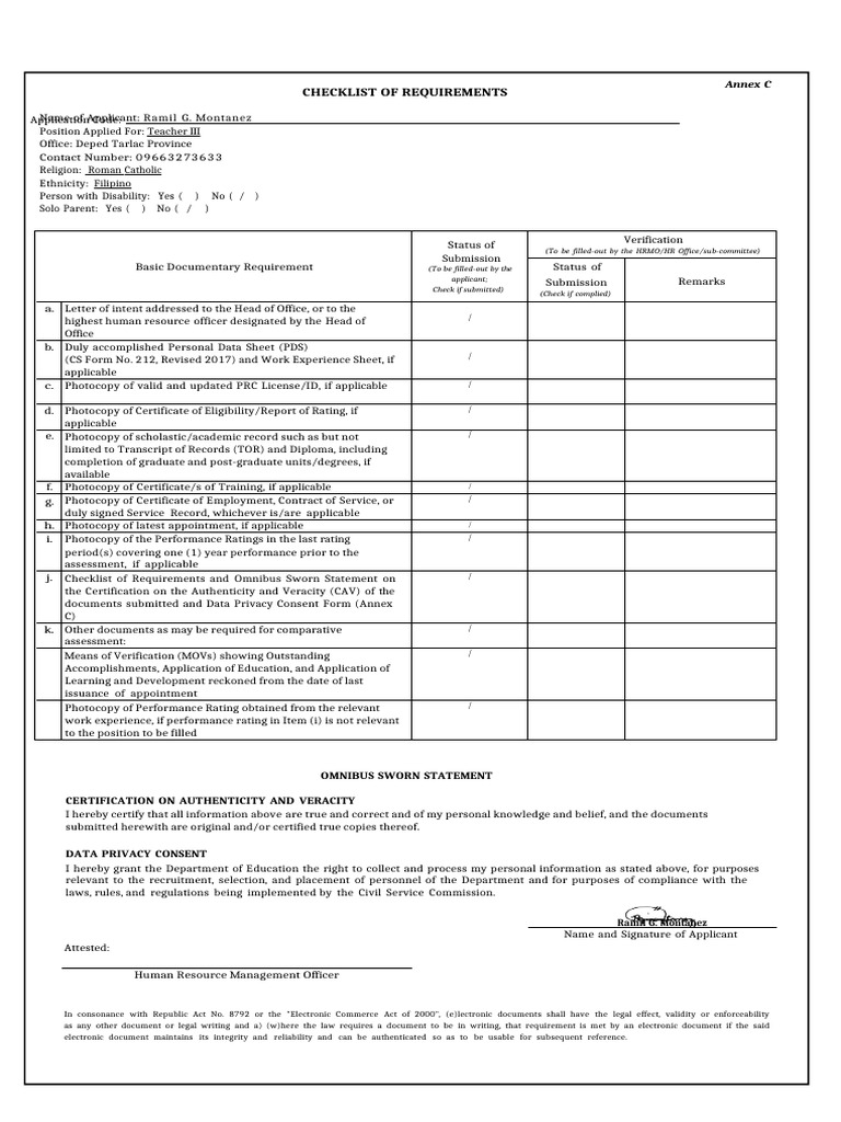 MONTAÑEZ_RAMIL_For DepEd 007, s2023 Annex C_Checklist of Requirements and Omnibus Sworn ...