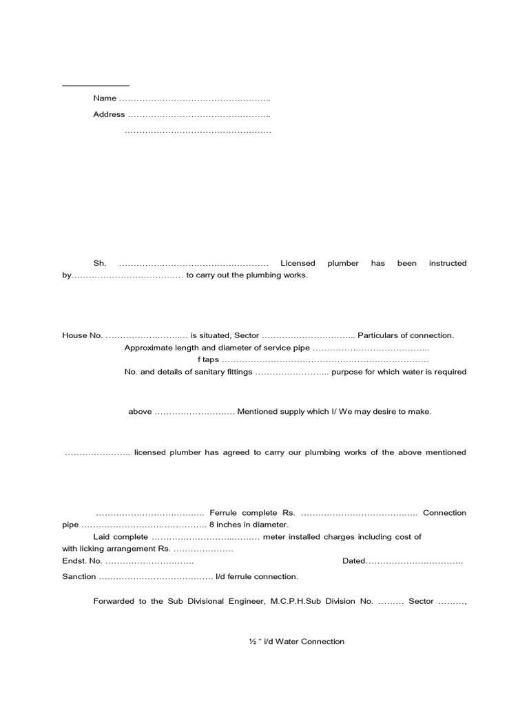 Water Supply Connection Application Form | PDF | Plumbing