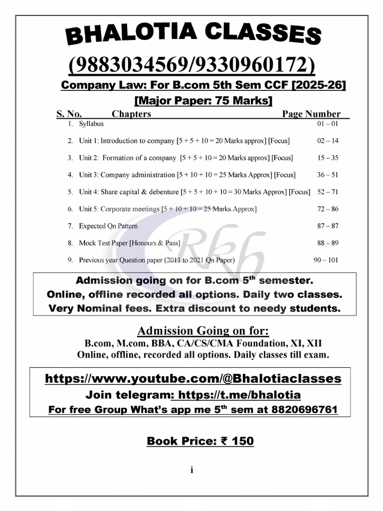 Company Law 5th Sem CCF (Daily Two Classes) | PDF