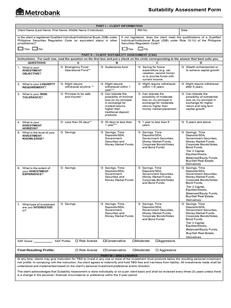 Client Suitability Assessment Form | PDF | Securities (Finance) | Investing