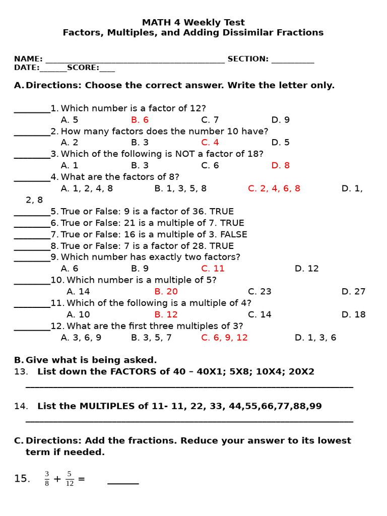 Math 4 Test: Factors, Multiples, Fractions | PDF