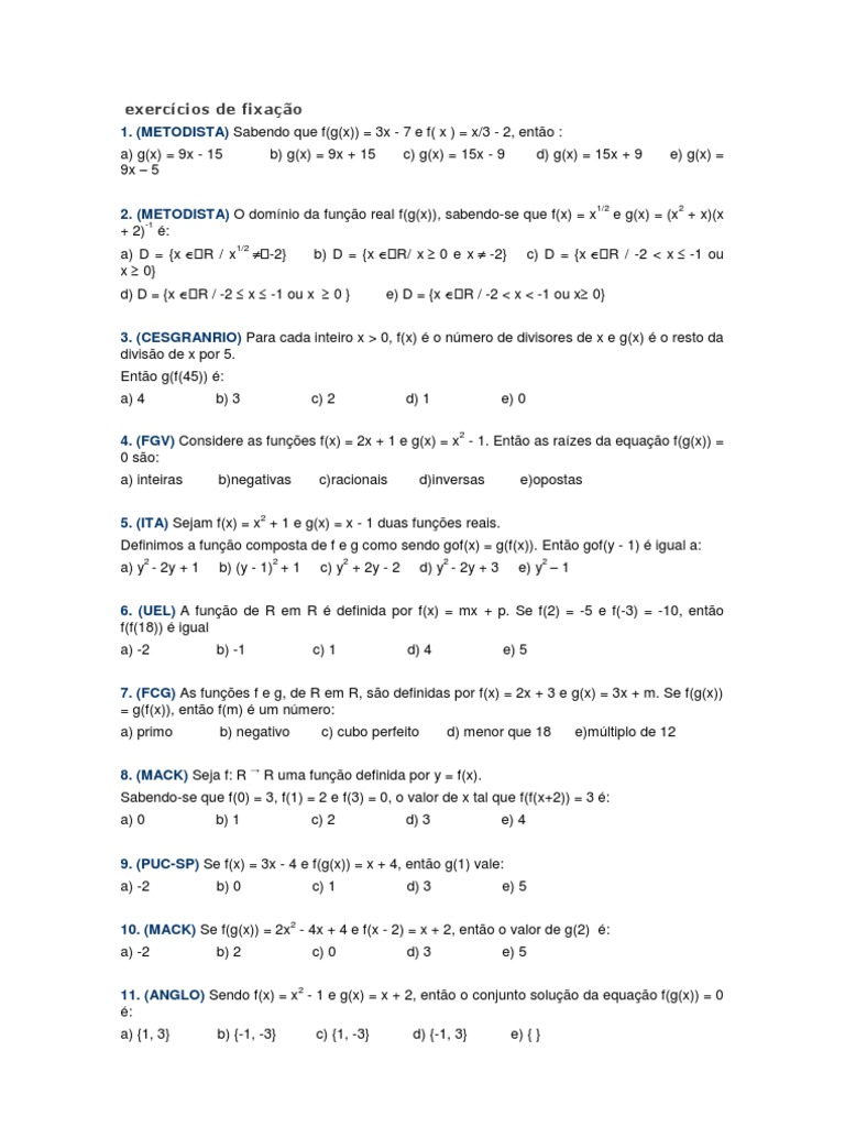 Função Inversa e Composta Exercícios de Fixação | PDF | Função ...