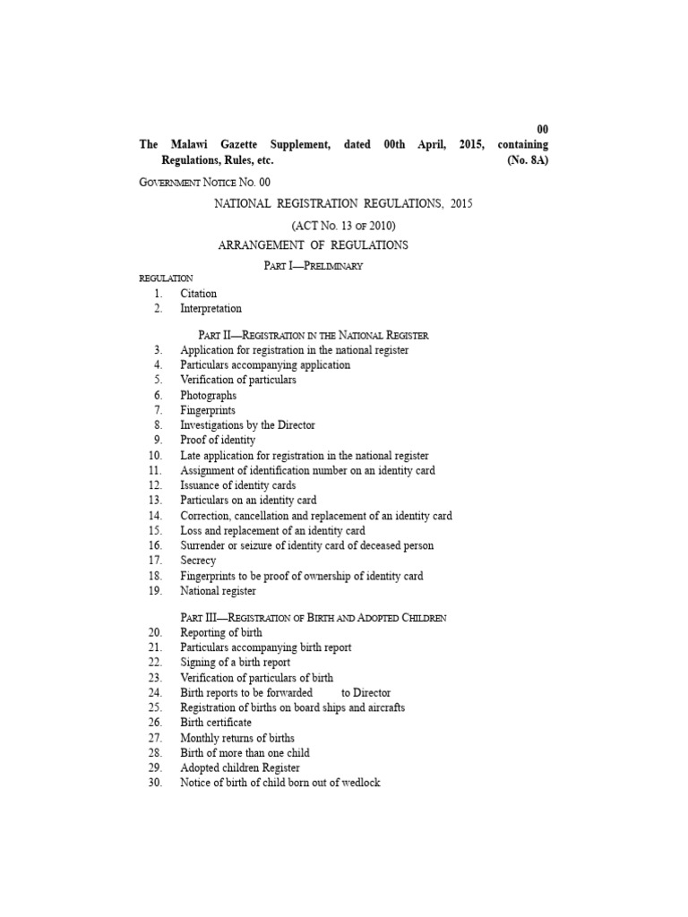 Malawi National Registration Regulations 2015 | PDF | Identity Document ...