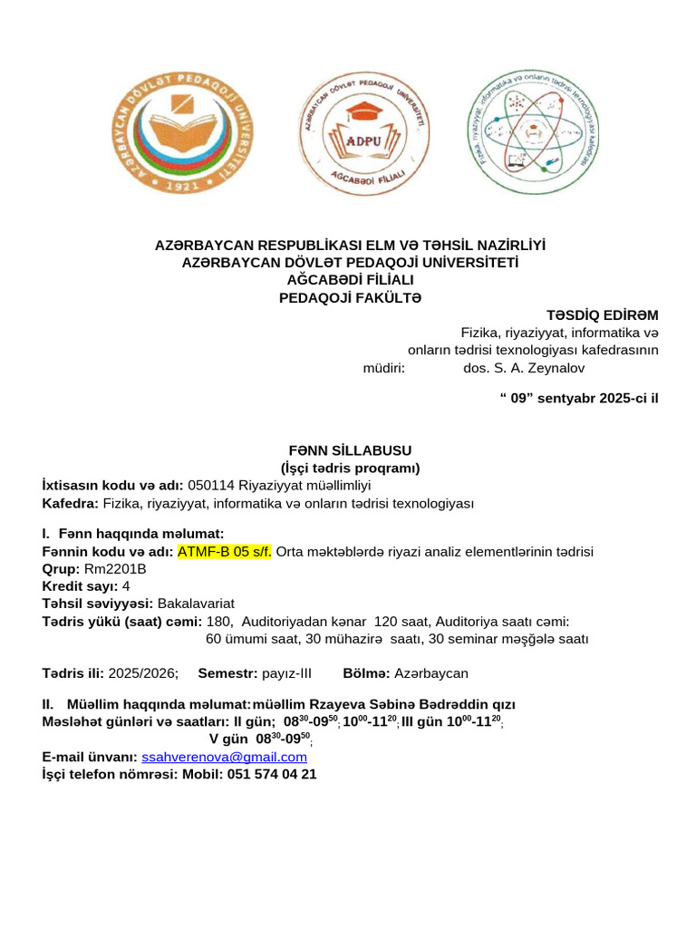 Orta Mekteb. Riyazi. Analiz. Sillabus | PDF